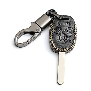 WFMJ Leather for Honda Accord Crosstour CR-V Civic Pilot Element Remote 4 Buttons Key Case Holder Cover Fob Chain (Black)