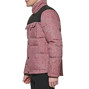 Levi's Men's Mixed Media Quilted Puffer Jacket with Sherpa Lined Collar (Regular and Big & Tall Sizes), Red Bandana Print, Small