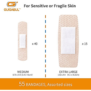 Painless Removal Silicone Bandages for Elderly Sensitive Skin - 40 Counts 0.75''x3'' Medium and 15 Counts 1.63''x4'' Extra Large Bandages by G+ GUIGABUL - Hypoallergenic - Latex Free