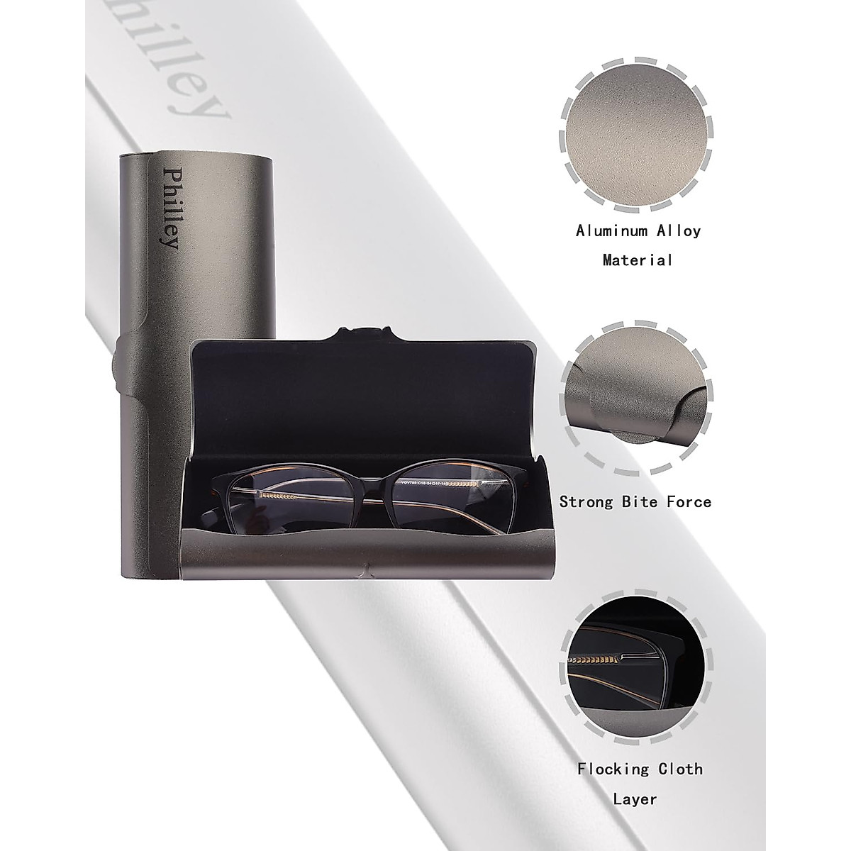 Philley Aluminum Ultra-Light Eyeglass Case Hard Shell Nearsighted Glasses Case for Women & Men(Gun Grey)