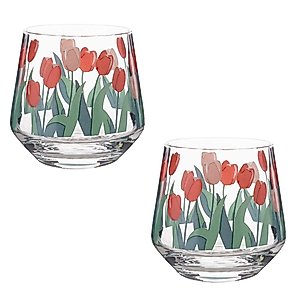 BESPORTBLE 2pcs Wine Glass cup,Tulip Flowers Decal Stemless Wine Glass for Hot Coffee or Cold Drinks-Iced Latte, Whiskey, Juice (400ml)