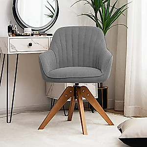 Giantex Desk Chair No Wheels, Super Easy to Install, Mid Century Computer Desk Armchair with Linen Fabric and Soft Sponge Filling, Swivel Accent Chair for Home Office, Grey