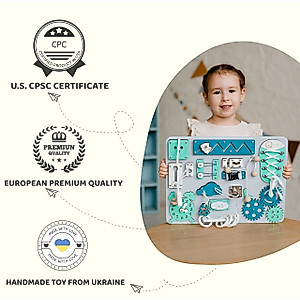 Sensory and Activity Busy Board for Toddlers - Made in Ukraine BD Gift for Boy and Girl, Baby, Kids, Children - Learning, Education, Travel (Gray Blue Mint) Wooden