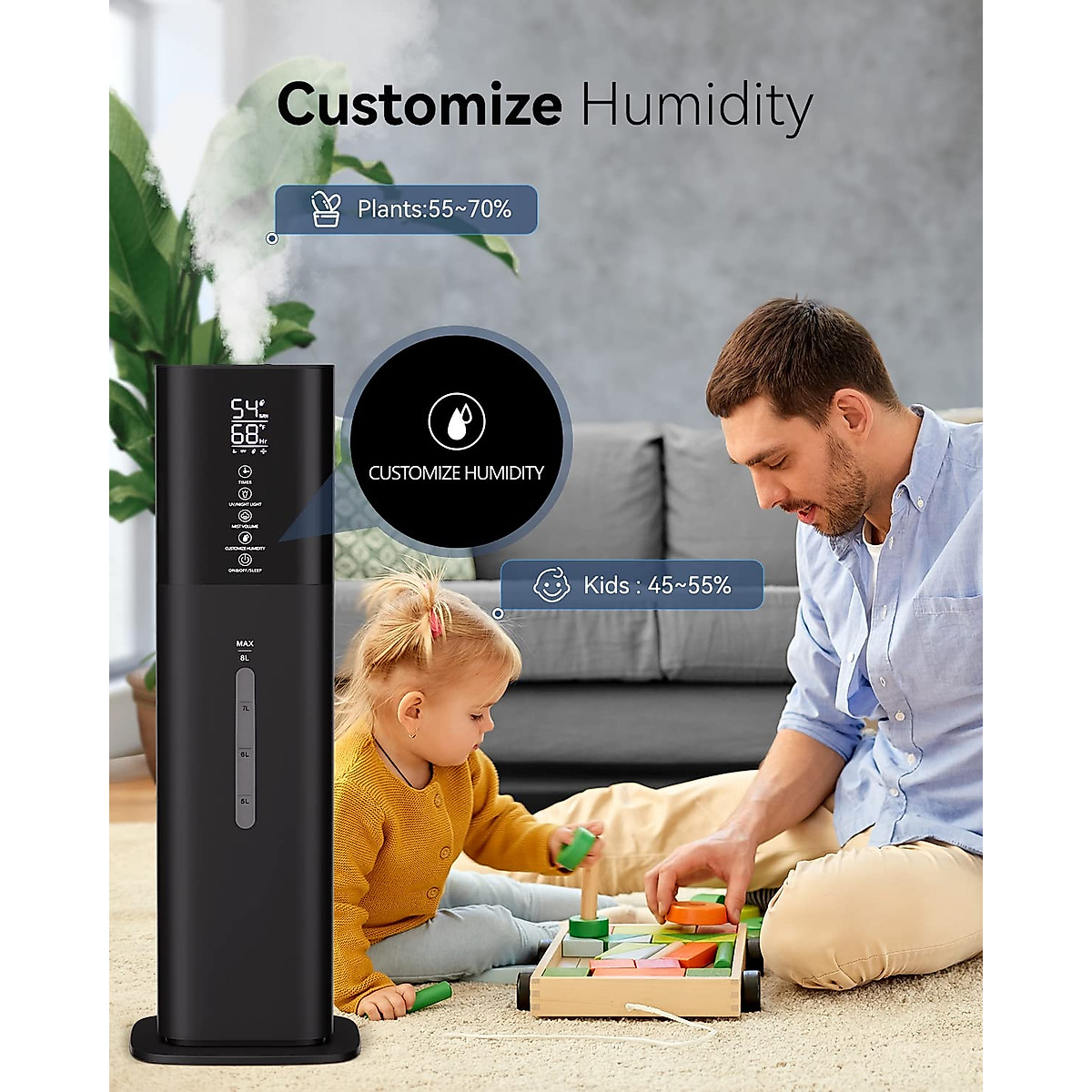Humidifiers for Bedroom, 2.11Gal 8L Quiet Humidifiers for Large Room with Timer, 360°Nozzle, 3 Speed Ultrasonic Cool Mist Humidifier with Humidistat for Baby Home Adults Plants