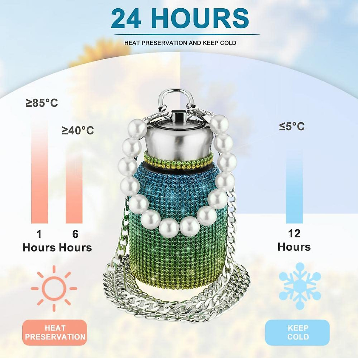 280ml Cute Bling Diamond Small Water Bottles, Stylish Rhinestone Stainless Steel Insulated Water Bottles, Leak-Proof Vacuum Flask Thermal Bottles with Pearl Bracelet (Green)