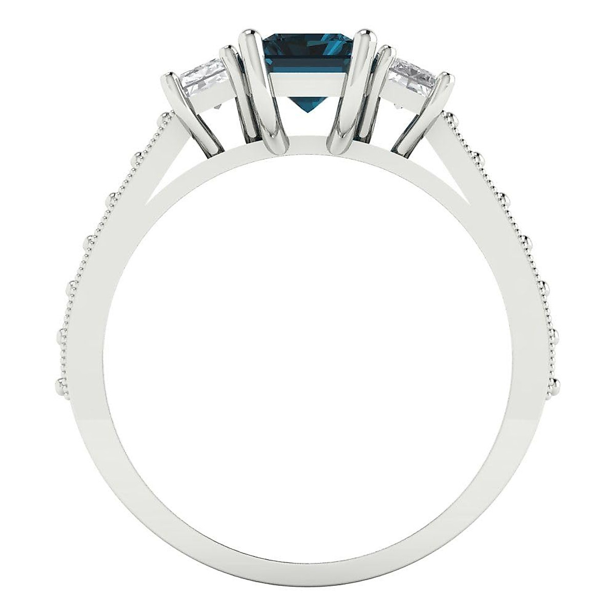 Clara Pucci 1.71ct Emerald Round Cut Solitaire 3 stone Accent Natural London Blue Topaz gemstone designer Modern Ring 14k White Gold