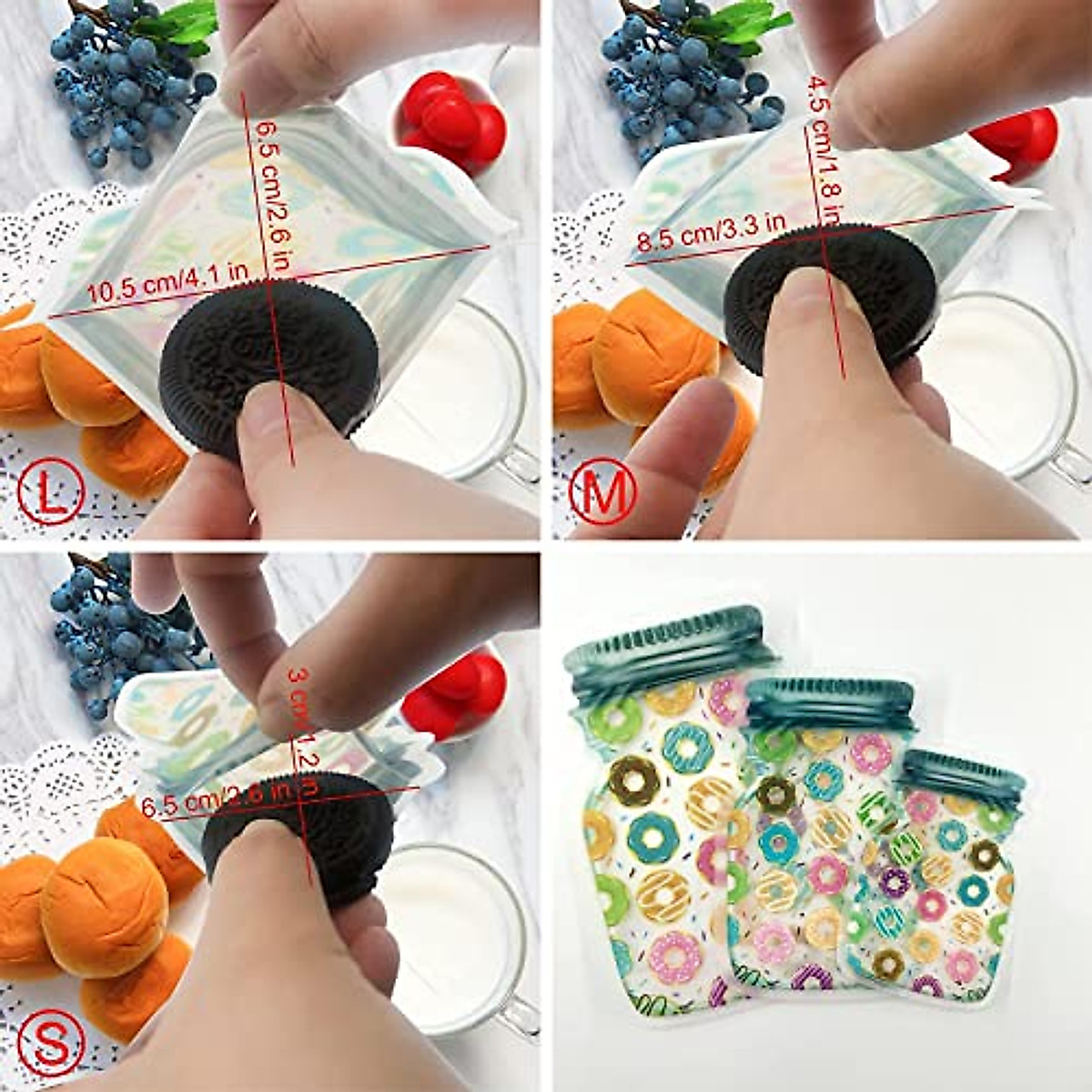 Enkrio 45Pcs Reusable Mason Jar Zipper Bags Storage for Food Snack Sandwich Zipper Bags Airtight Seal Food Bag Leakproof for Travel Camping Ziplock Bottles Shaped Baggies (15S 15M 15L)