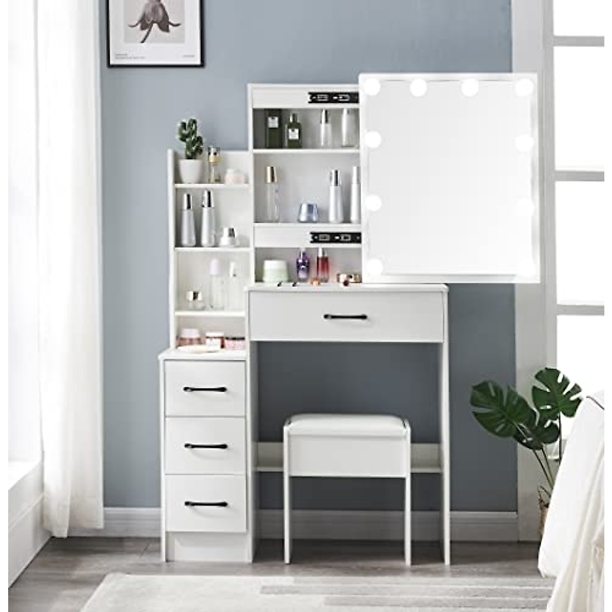 Abesthink Makeup Vanity with Ligjhts Mirror and Charging Station,White Vanity Makeup Desk with Lights and Storage Drawers,Lighted Vanity Set Dressing Table with Stool for Girls