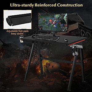 Tangkula Computer Desk Gaming Desk, E Sports Gamer Table, Professional Gamer Workstation with Cup Holder, Headphone Hook, Ergonomic PC Gaming Table, Writing Desk for Home Office (Black)