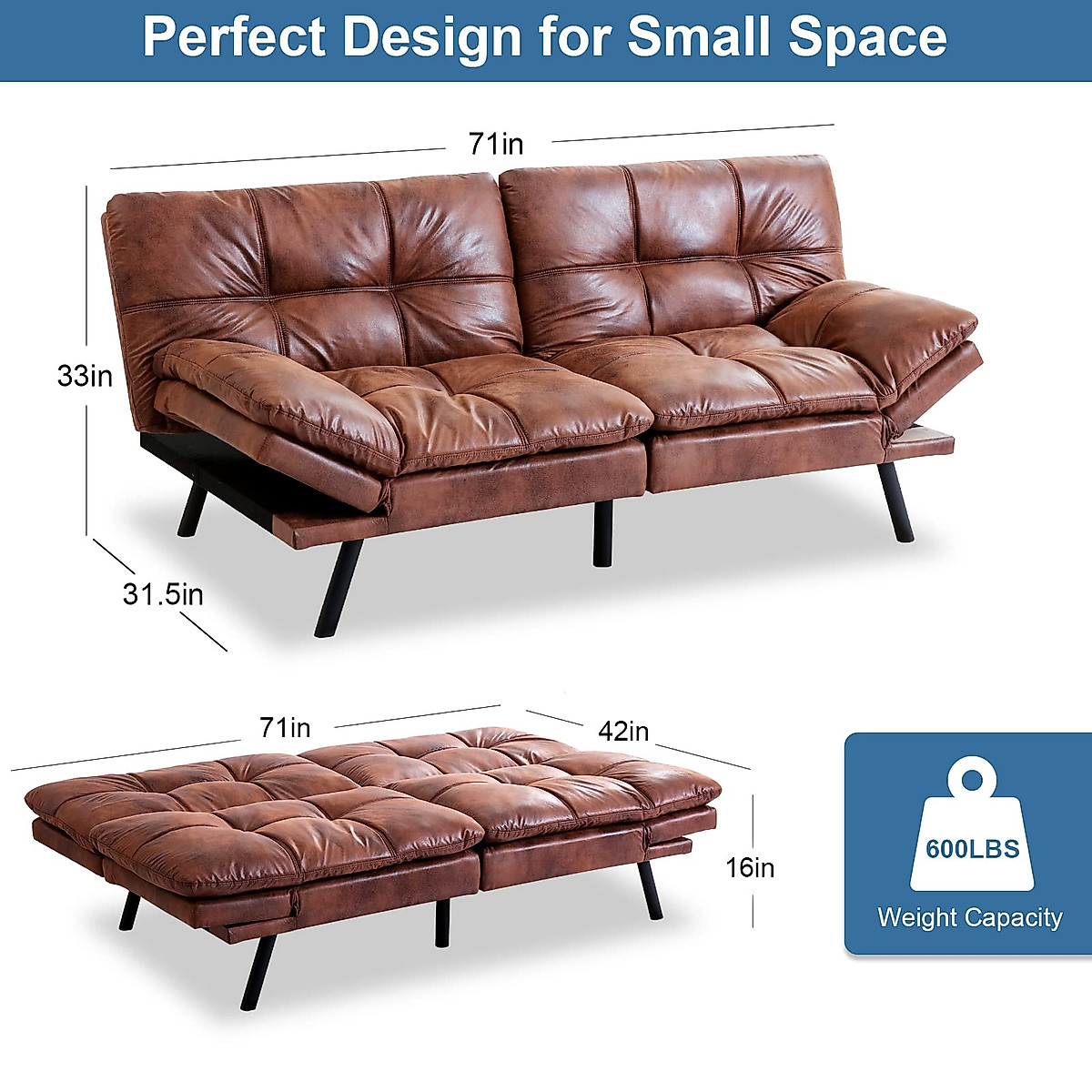 Maxspeed Sofa Bed Couch, Memory Foam Futon Sofa Bed with Mattress and Frame Included,Comfortable Brown Faxu Leather Loveseat Sleeper Sofa for Dorm Apartment Office College Small Space Bedroom