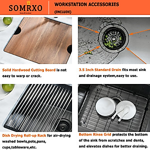SOMRXO 20x18 Inch Undermount Workstation Bar Sink - 16-Gauge Gunmetal Black Stainless Steel, Single Bowl Compact Design for Outdoor, RV & Small Kitchens