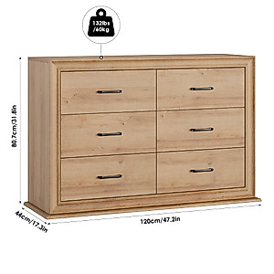 HIFIT 6 Drawer Double Dresser, 47.2" Wide Chest of 6 Drawers, Wooden Farmhouse Dressers for TV Stand, Storage Organizer Cabinet for Living Room, Hallway, Entryway, Oak, 47.2" Wx17.3 Dx32 H