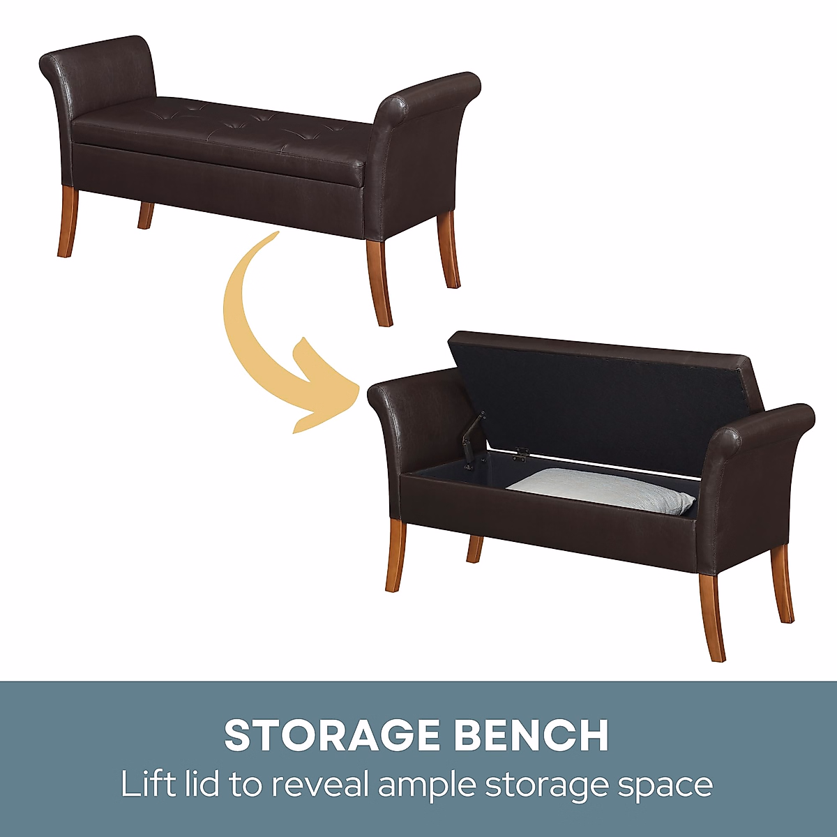 Convenience Concepts Designs4Comfort Garbo Upholstered Modern Ottoman Living Room, Sitting, Storage Bench with Seating for Entryway, 51.25", Espresso Faux Leather