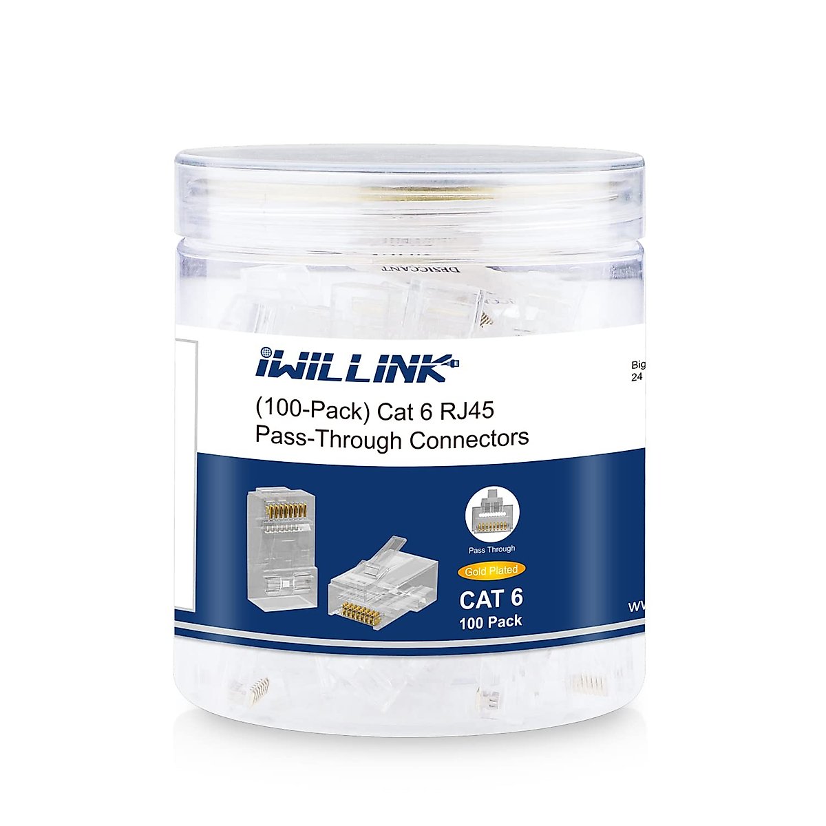iwillink 100-Pack RJ45 Cat6 Pass-Through Connectors, Gold-Plated Ethernet Crimp Plugs for Solid and Stranded Wire, UTP Network Cable Termination