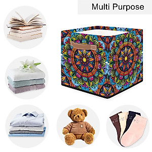 Mandala Floral Storage Basket Collapsible Fabric Storage Box 13x13x13 Inches Square Cube Storage Bins with Handles for Home Living Room Closet Shelf Office Bedroom