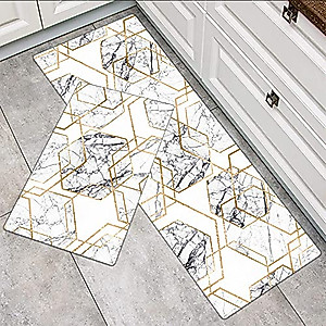 Anti Fatigue Kitchen Rugs and Mats Set,2 Piece Modern Farmhouse Kitchen Rug Runner Non Slip Waterproof Comfort Soft Cushioned Standing Kitchen Floor Mats (17"x 47"+17"x 27", Gold White Marble)