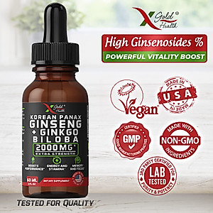 Korean Red Panax Ginseng 2000mg + Ginkgo Biloba Extra Strength Root Extract Supplement for Men & Women,High Ginsenosides, 2 fl oz Natural Advanced Liquid Extract for Energy, Performance & Focus