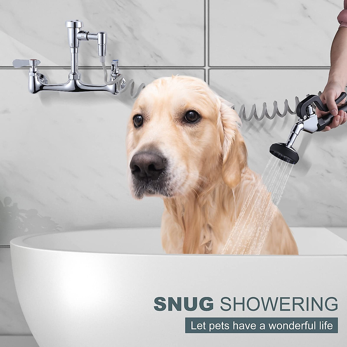 IVIGA Pet Grooming Faucet, Wall Mount 8" Centers Mixing Faucet, Brass Pet Grooming Unit with Aluminum Spray Valve, Coiled Hose, Vacuum Breaker, Lever Handles for Shower Bathroom Garden Outdoors Sink