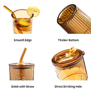 BLUEPOLAR 20oz Glass Cups with Lids and Straws, Iced Coffee Tumbler Reusable Bubbly Tea Cups, Smoothies Glass Cups with Wide Mouth and Thicken Wall/Amber