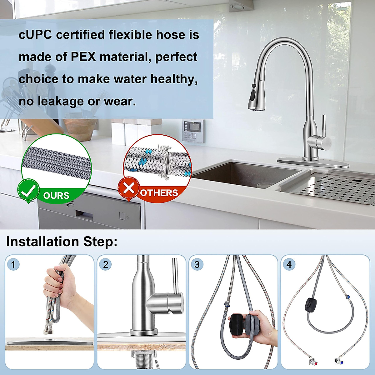 Homikit Kitchen Sink Faucet Brushed Nickel with Pull Down Sprayer, 304 Stainless Steel Kitchen Faucets with Deck Plate for 1 or 3 Hole, High Arc Commercial Faucet for Farmhouse Laundry Utility Rv Bar