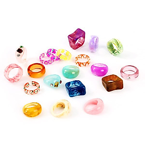 AIDSOTOU 20 Pcs Resin Acrylic Rings Set Colorful Trendy Vintage Thick Dome Y2k Rings Jewelry Plastic Resin Unique Square Gem Stackable Chunky Fruit Ring for Women Teen Girls