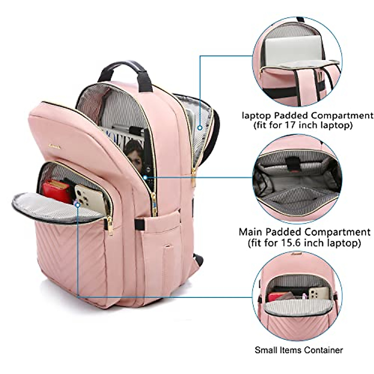 LOVEVOOK Laptop Backpack for Women, 17 Inch Large Capacity Travel Computer Work Bags, Business Nurse Backpack Purse for Womens, Backpacks, Light Pink
