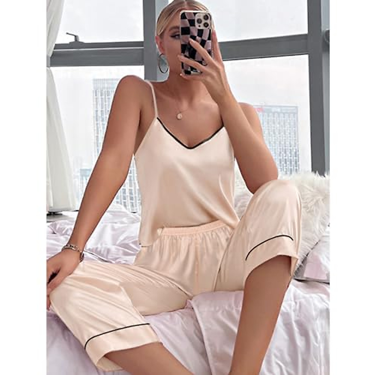 SWOMOG Womens Silk Satin Pajamas Set Two-Piece Pj Sets Cami Top and Capris Pants Sleepwear Champagne