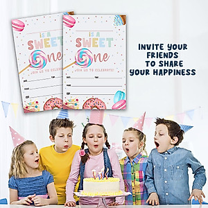 Grace Yonks Sweet One Birthday invitation, Dessert Party invite, Donut & Candy First Birthday, 20 Invitations and Envelopes, Birthday party Invitations, Birthday Party Supplies.(081)