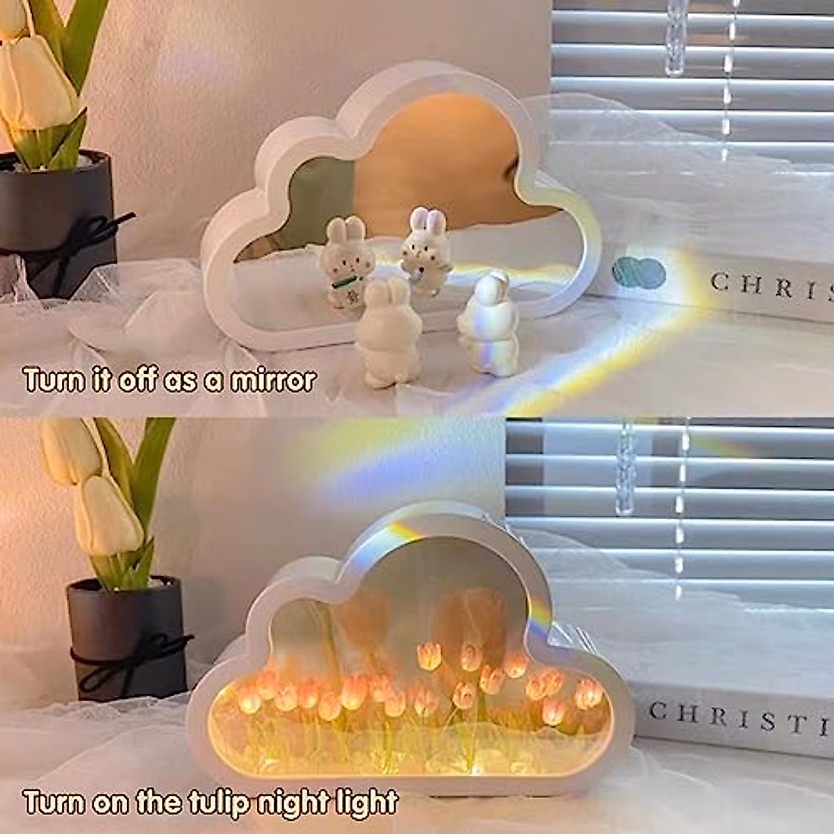 FIALAME DIY Tulip Night Light Room Decor Lamp & Mirror 2 in 1, Artificial Flowers Lamp Battery Powered Material Kit, Warm Ornament Gifts for Family and Friends (Pink)