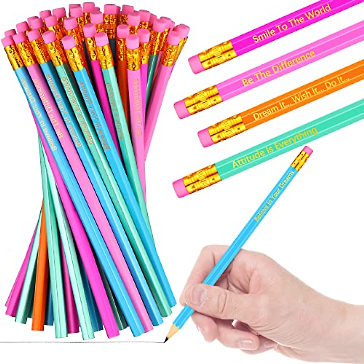 60 Pieces Inspirational Pencils Personalized Pencils Custom Wood Pencils Colorful Motivational Pencils with Inspirational Sayings for Students Teachers Adults School Office, 5 Colors