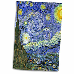 3D Rose The Starry Night by Vincent Van Gogh 1889-Famous Fine Art by Masters-Blue Swirly Swirling Sky Towel, 15" x 22"