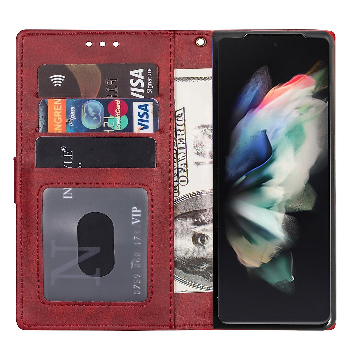 XIMAND for Samsung Galaxy Z Fold 5 5G Phone Case, Zipper Slot Card Wallet Case with Luxury Shockproof Cowhide Leather, [RFID Blocking] Folio Flip Cover Protective(Red)