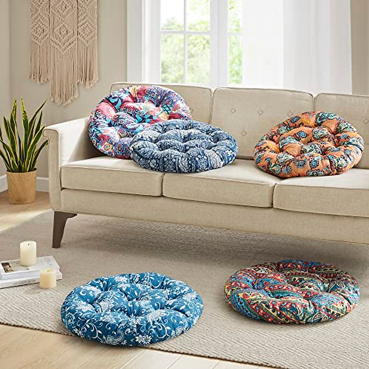 Codi Meditation Floor Pillow, Boho Pillows Seating for Adults & Kids, Large Round Cushion for Yoga Living Room Tatami Sitting, Memory Foam Added, 22x22 Inch, Multi Blaidiere