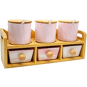 Stephanie Imports Set of 6 Tiered Marble Ceramic Condiment Spice Jars & Drawers With Spoons, Bamboo Lids and Rack (Pink)