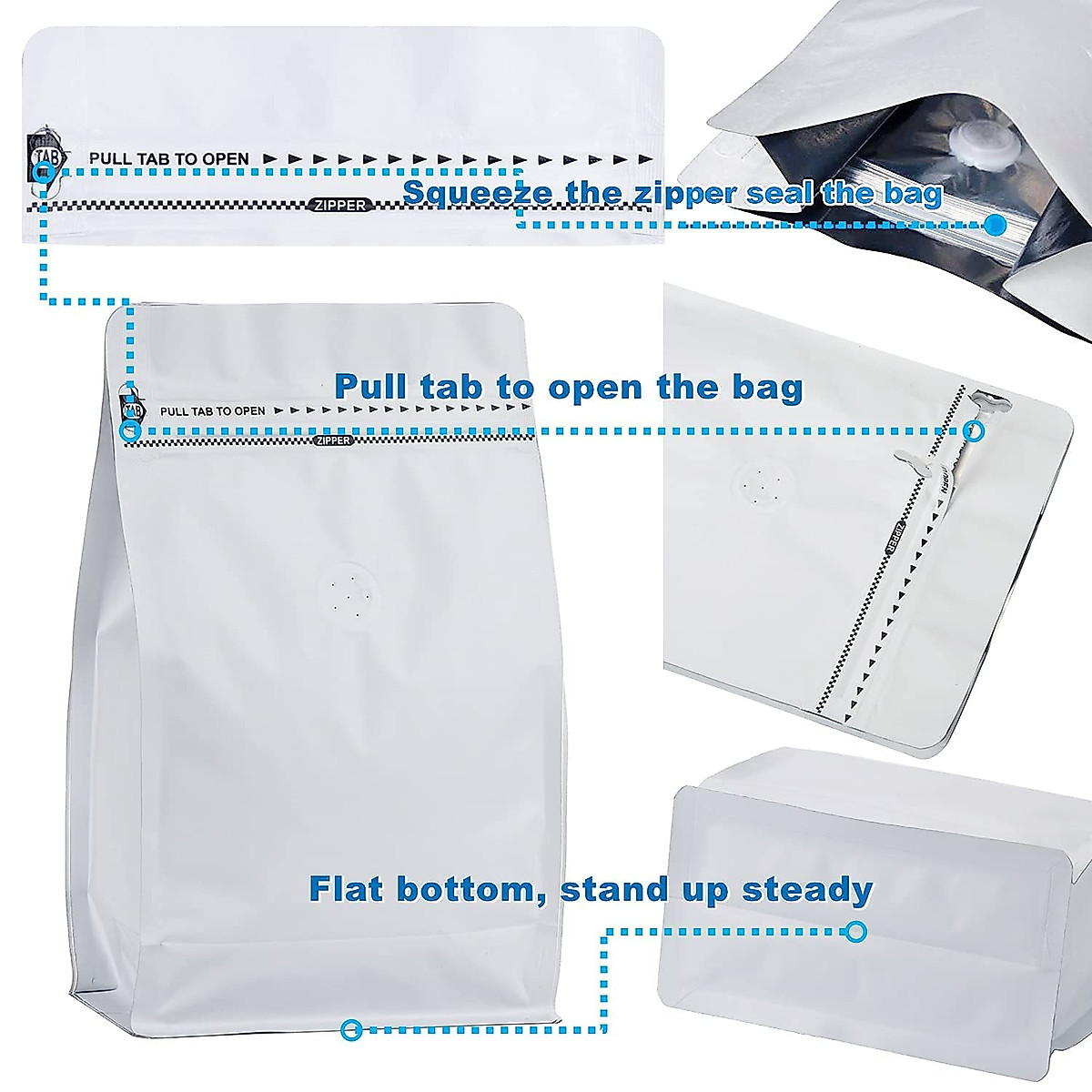 50 Count 16 Ounce Matt White Aluminum Foil Coffee Bags, Stand Up/Flat Bottom Coffee Pouches with Air Release Valve and Reusable Side Zipper (50, 16OZ, 1LB, 500G)