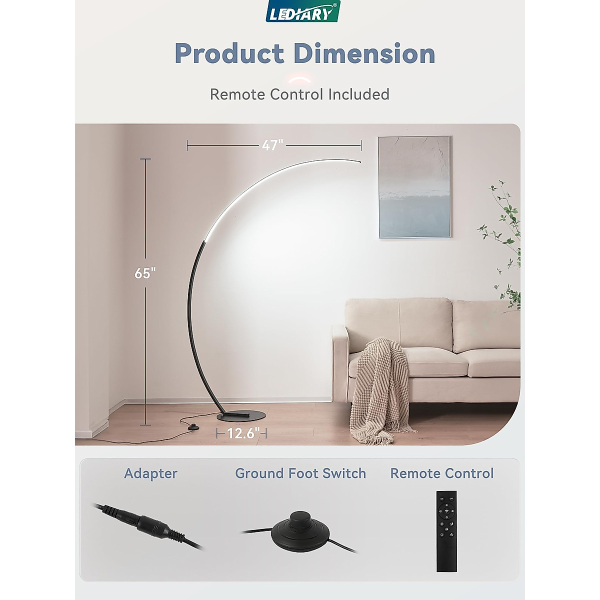 LEDIARY Arc Floor Lamp, 65" Modern Floor Lamp with Remote Control, Dimmable Standing Lamp, Black LED Reading Lamp for Living Room Bedroom Office Home, Stepless Color Temperature