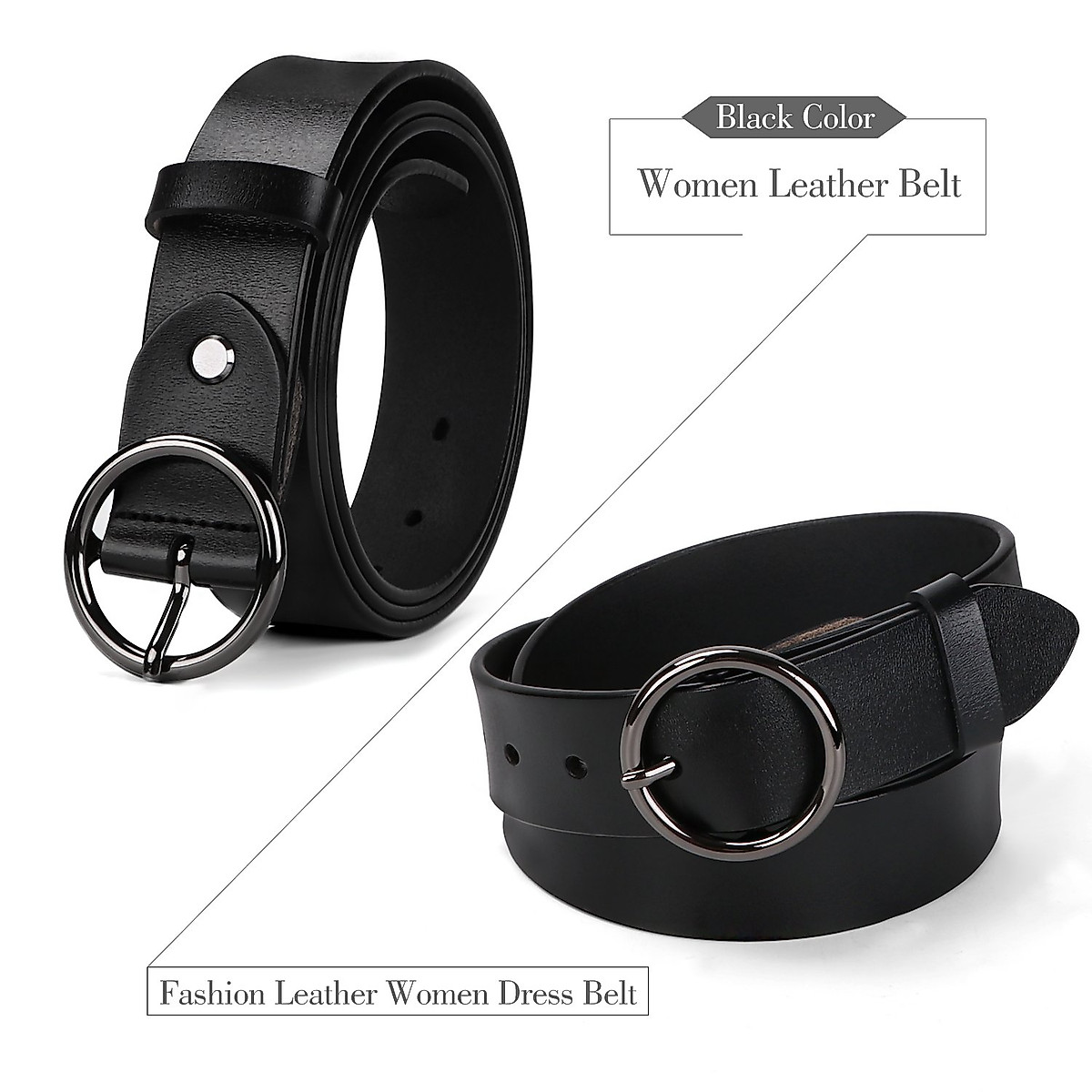 WERFORU Women Casual Dress Belt Genuine Leather Belt with Round Buckle,Black,Suit Pant Size 29-34 inches