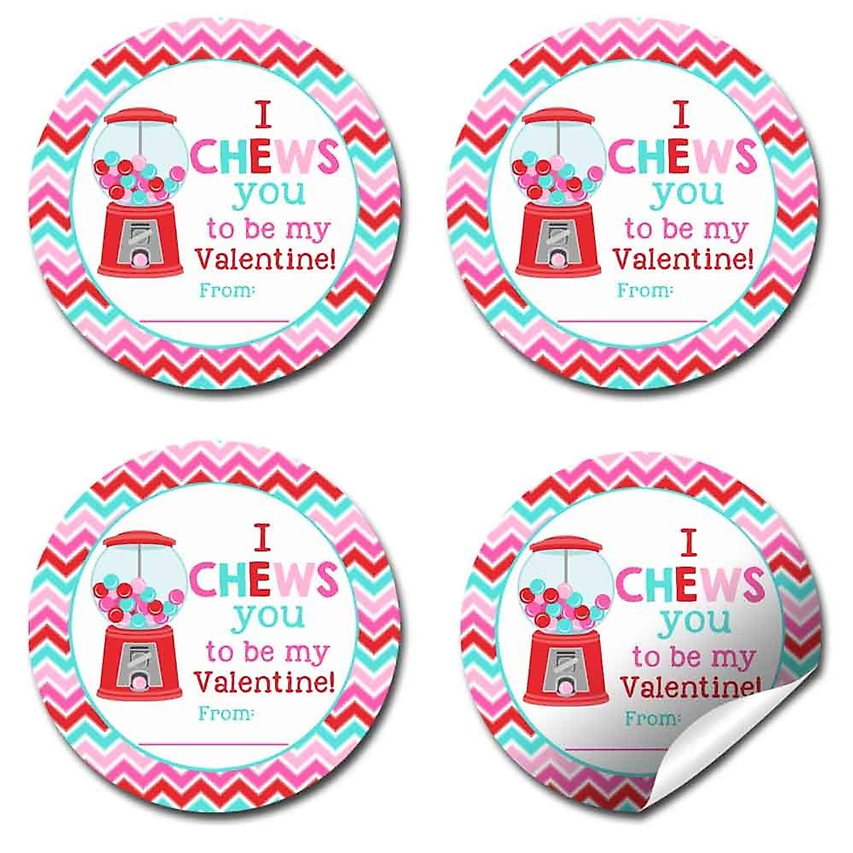 I Chews You Bubble Gum Valentine Party Favor Sticker Labels for Kids, 40 2" Party Circle Stickers by AmandaCreation, Great for Classroom Valentines, Envelope Seals, Gifts & Treats