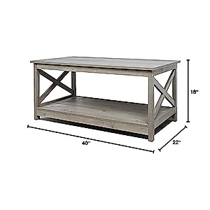 Rainbow Sophia Coffee Table, Modern Farmhouse Wood Coffee Table with 2-Tier Storage, 40 Inch, Washed Oak