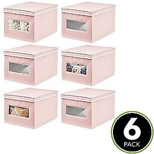 mDesign Large Fabric Stackable Closet Storage Organizer Box, Front Window/Lid for Bedroom, Office, Mudroom Organization, Hold Clothes, Blankets, Linens, Jane Collection, 6 Pack, Pink/White