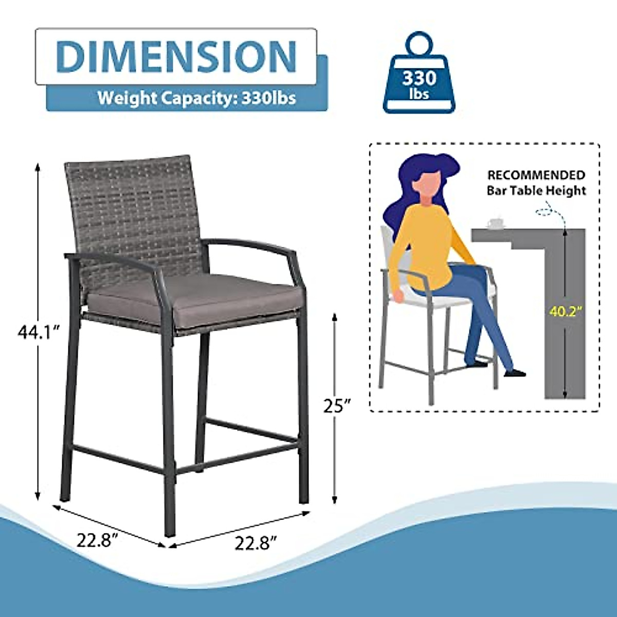 JOIVI Outdoor Wicker Bar Stools Set of 2, Patio Rattan Counter Height Chairs with Cushions, Armrest and Footrest for Indoor, Garden, Poolside, Lawn, Backyard