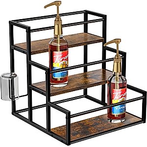 Homedawn Coffee Syrup Rack Organizer, Syrup Bottle Holder Stand for Coffee Bar, 3-Tier 12 Bottles Storage Shelves for Syrup, Wine, Dressing for Kitchen Countertop, Rustic Brown & Black