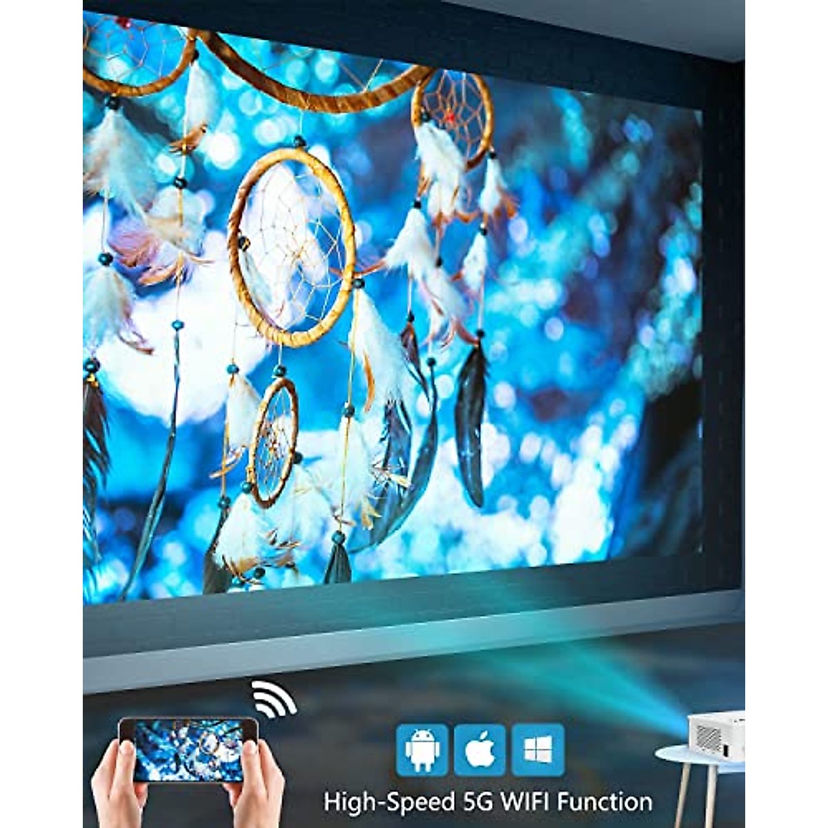 NIKISHAP Projector with WiFi and Bluetooth, Small Projector 4K Outdoor Movie Projector Short Throw, Smart Phone 1080P Projector Compatible with HDMI, VGA, USB, TV Stick, iOS, Android, PC, Laptop