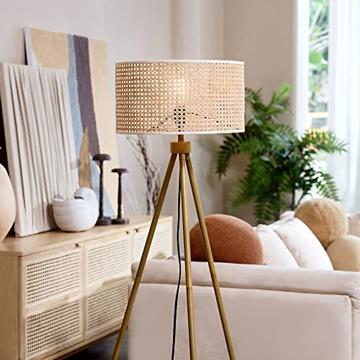Globe Electric 65914 60" Floor Lamp, Faux Wood Tripod Base, Rattan Shade, On/Off Rotary Switch on Socket