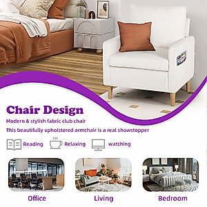 TYBOATLE Accent Chair, Mid-Century Modern Fabric Living Room Arm Chair, Furry Cozy Upholstered Armchair w/Side Pocket, Reading Lounging Side Chairs for Office, Apartment, Bedroom (Cream White)