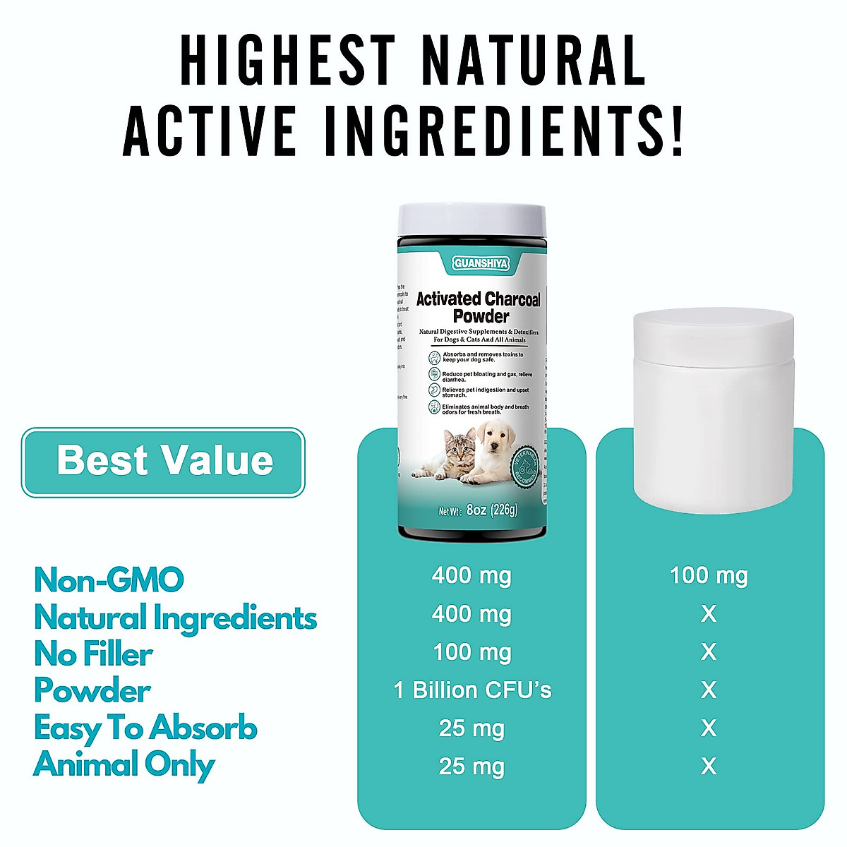 Guanshiya Activated Charcoal for Dogs, Cats, and All Pets, 8oz(Powder), Activated Charcoal Powder for Poisonings, Digestive Upset, and Diarrhea, Eliminates Odors, Non-GMO, Gluten Free