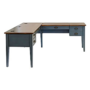 Farmhouse Wood Half-Pedestal Writing Desk and Return, Open L-Shaped Table and Return, Office Desk and Return, Blue