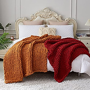 Longhui bedding Handmade Chunky Knit Blankets, Luxurious Chenille Cable Knit Throw Blanket Yarn for Couch Sofa and Bed, Ultra Soft Decorative Burnt Orange Christmas Blanket, Machine Washable 51 x 63