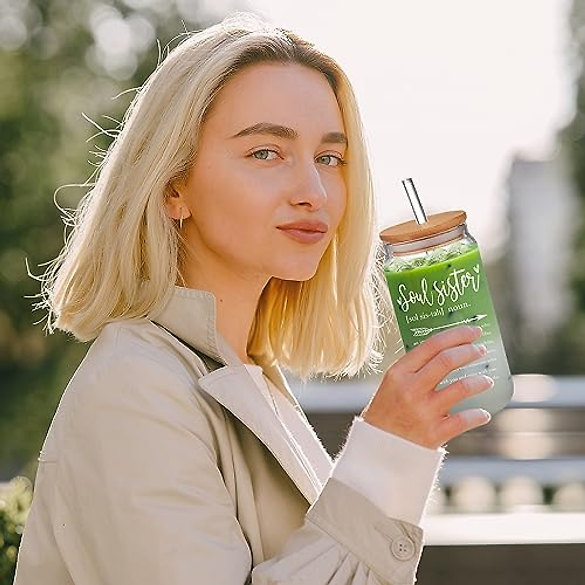 Roeni Friend Gifts for Women - Soul Sister Gifts for Female Friends - Friendship Gifts for Her Birthday - Bestie Cup for Christmas Gift - 16oz Glass Coffee Cup with Lid