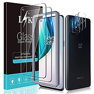 [2 + 3 Pack] LϟK Compatible for OnePlus Nord N10 5G, 2 Pack Tempered Glass Screen Protector and 3 Pack Camera Lens Protector, HD Clear Bubble Free, Anti-Fingerprint, Installation Tray -Gray